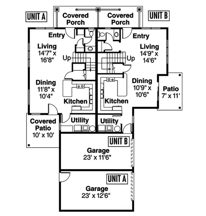 Multi-Unit Duplex Plan #108-1849: 3 Bedrm, 1436-1445 Sq Ft Per Unit Home