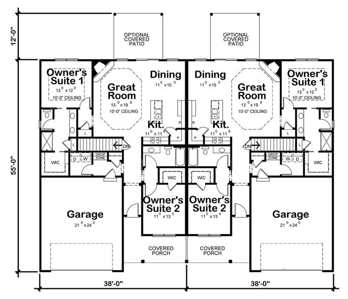 Modern Farmhouse Duplex Plan: 2 Bedrm, 1387 Sq Ft Per Unit - #120-2732