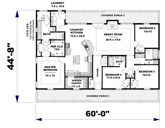 Country Home Plan - 4 Bedrms, 3 Baths - 2020 Sq Ft - #123-1140
