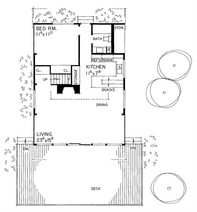 2 Story 2 Bedroom A-Frame House Plan - 1076 Sq Ft, 1 Bath