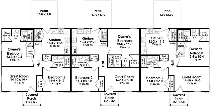 Duplex/Multi-Unit House Plan #141-1329: 2 Bedrm, 825 Sq Ft Per Unit Home