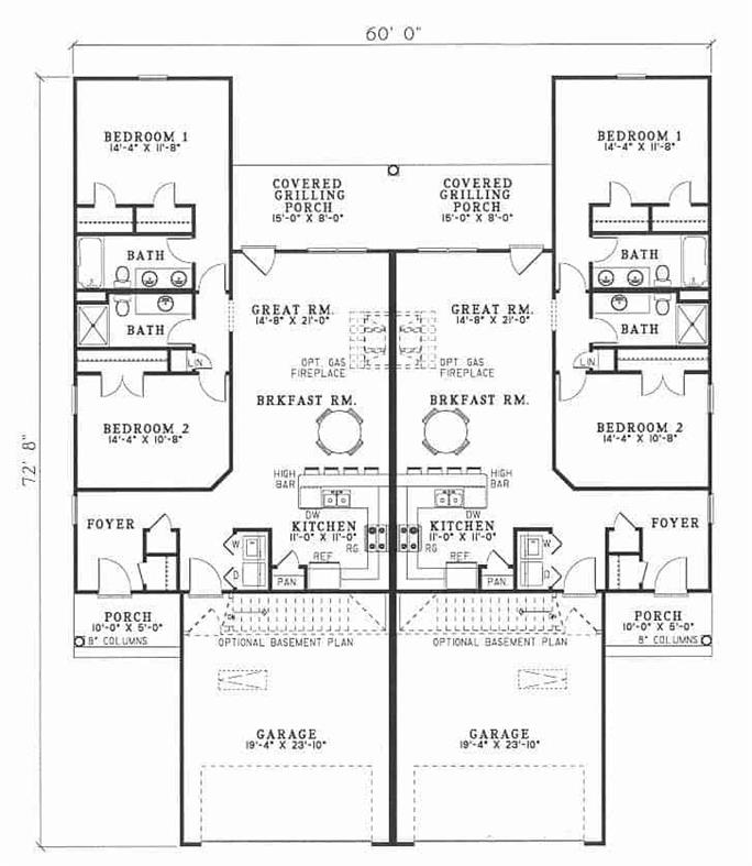 Ranch Duplex House Plan #153-1173: 2 Bedrm, 1239 Sq Ft Per Unit