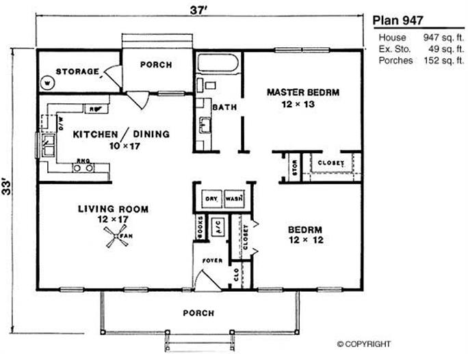 Country Home Plan - 2 Bedrms, 1 Baths - 947 Sq Ft - #174-1049