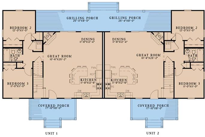 Duplex/Multi-Unit House Plan #193-1254: 3 Bedrm, 1461 Sq Ft Per Unit Home