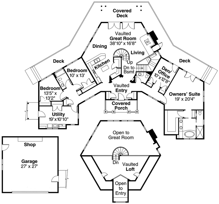 Hexagon House - Craftsman Style, 3 Bedroom Plan #108-1123