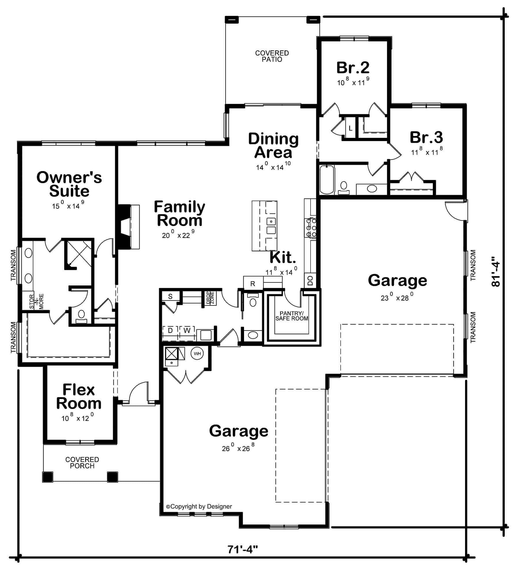 Arts & Crafts Ranch Plan - 3 Bedrm, 2.5 Baths - 2382 Sq Ft - #120-2765
