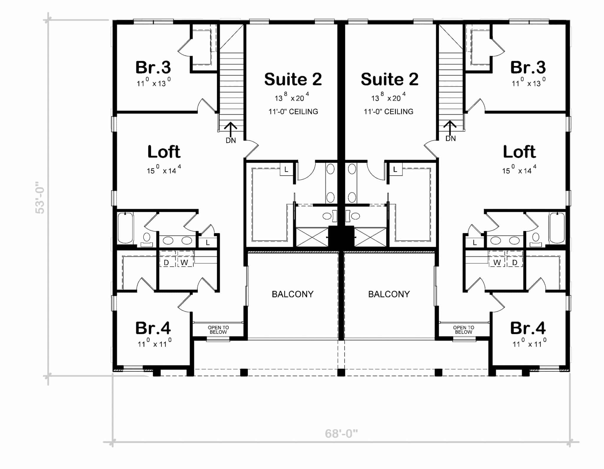 Modern Duplex Plan: 4 Bedrm, 2432 Sq Ft Per Unit - #120-2789