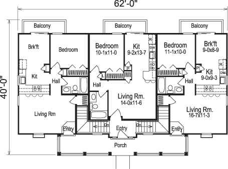 Multi-Family (5 Units) Plan with 1 Bed, 517-600 Sq Ft Per Unit
