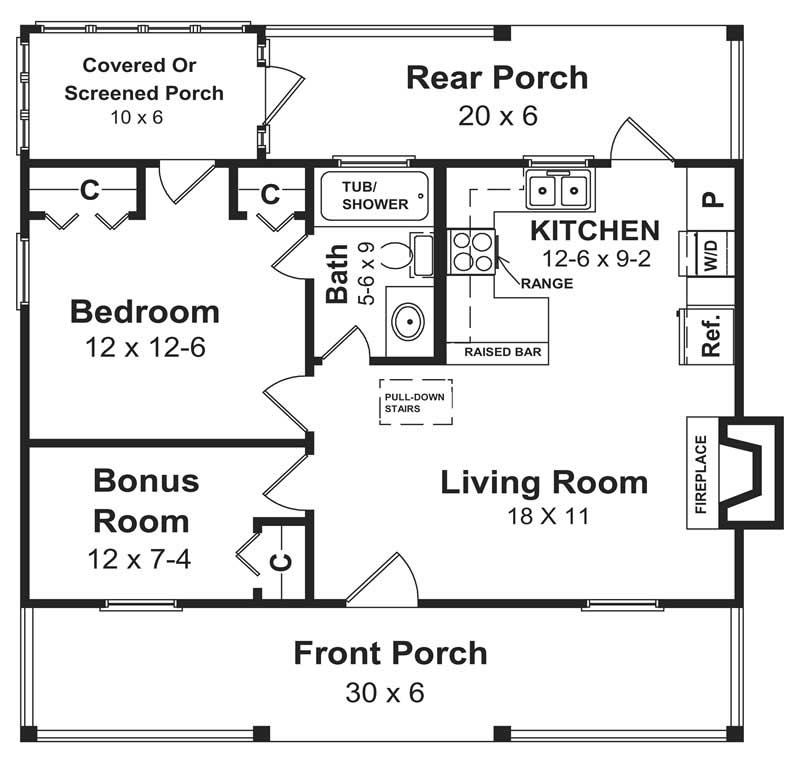 600 Sq Ft House Plan, Small House Floor Plan - 1 Bed, 1 Bath #141-1140