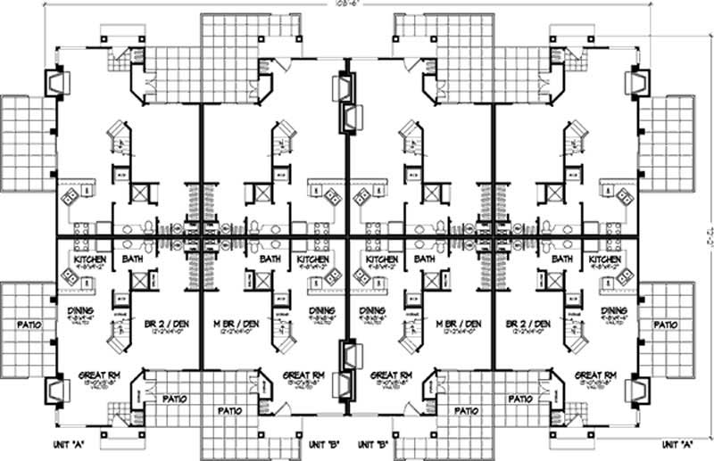 Rustic Eight-Plex Plan - 1 Bedrm, 2 Baths - 1001 Sq Ft Per Unit - #146-2034