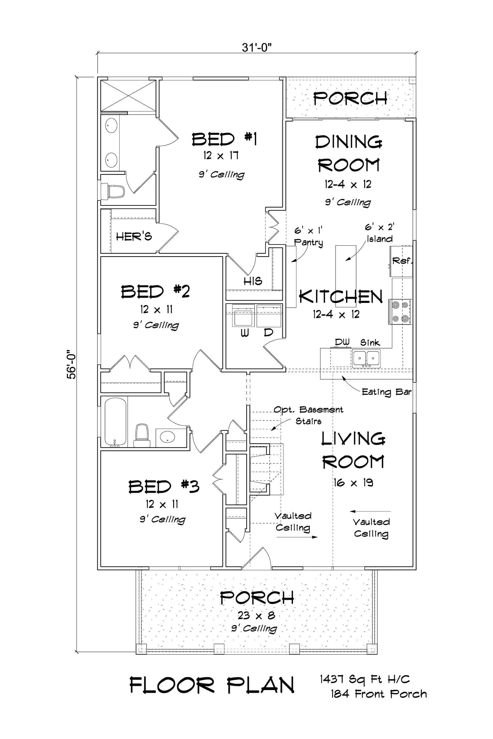 Cottage Plan, 3 Bed, 2 Bath, Open Floor Plan, Vaulted Ceiling - 178-1395