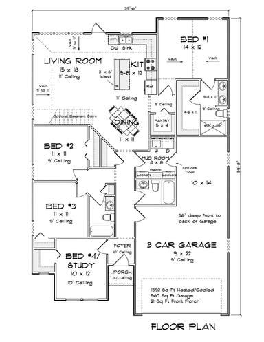Ranch Floor Plan - 4 Bedrms, 3 Baths - 1592 Sq Ft - #178-1470